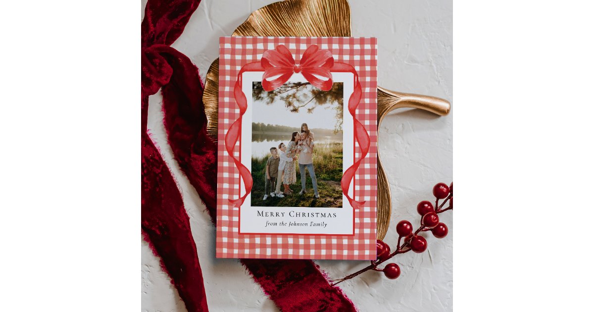 Preppy Watercolor Ribbon Gingham Holiday Card | Zazzle