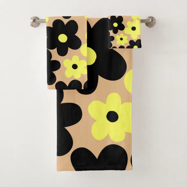 Preppy Yellow Black Hippie Flower Pattern Bath Towel Set | Zazzle