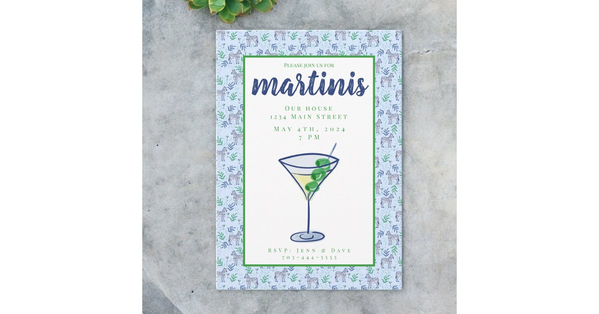 Preppy Zebra Martini Blue Martini Party Invitation | Zazzle