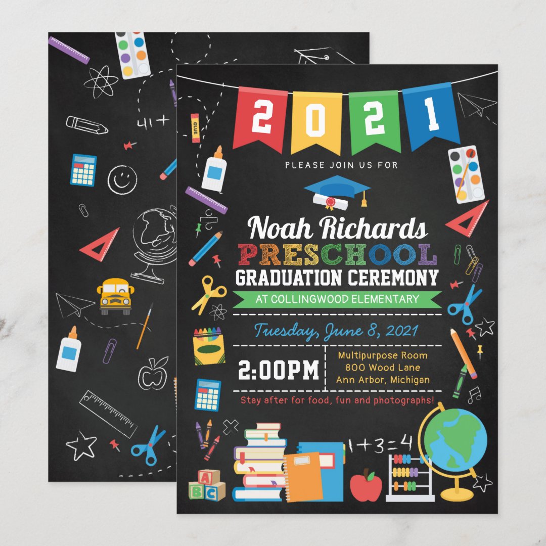 Preschool Graduation Bunting & Chalkboard Invitation | Zazzle