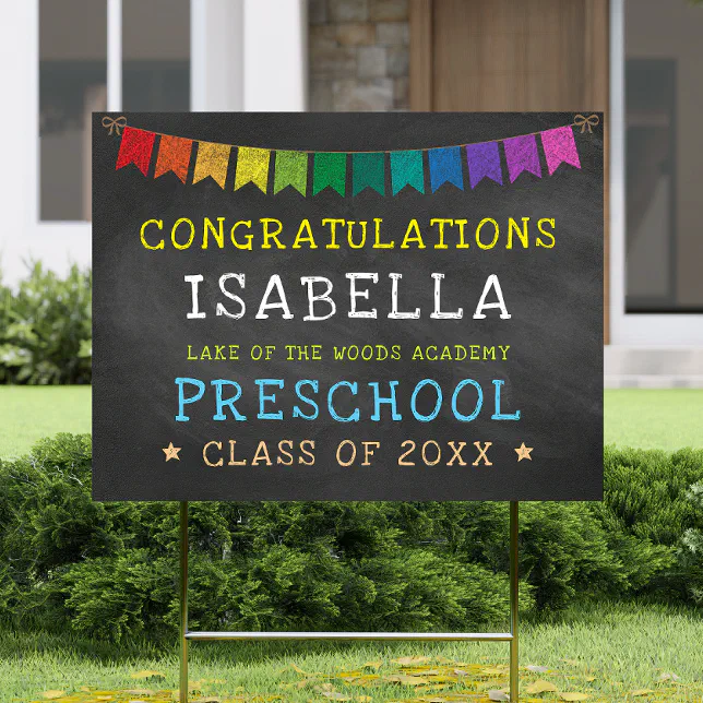 Preschool Graduation Chalkboard Rainbow Bunting Sign | Zazzle