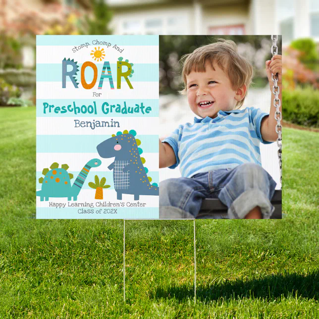 Preschool Graduation Photo Dinosaurs Boy Roar Yard Sign | Zazzle