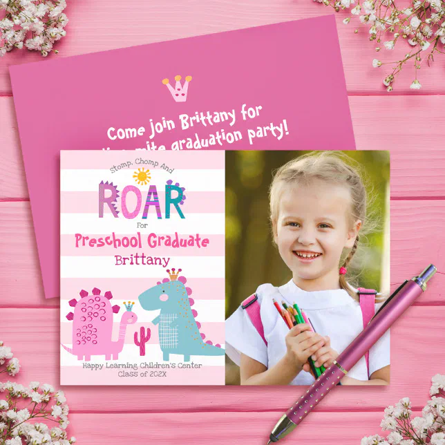 Preschool Graduation Photo Dinosaurs Girl Cute Fun Invitation | Zazzle