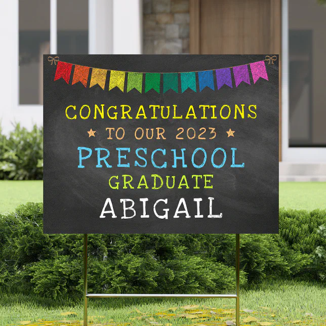 Preschool Graduation Rainbow Bunting Chalkboard Sign | Zazzle