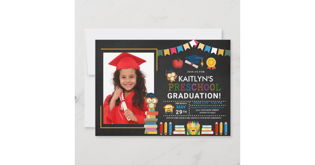 Preschool Photo Graduation Chalkboard Invitation | Zazzle