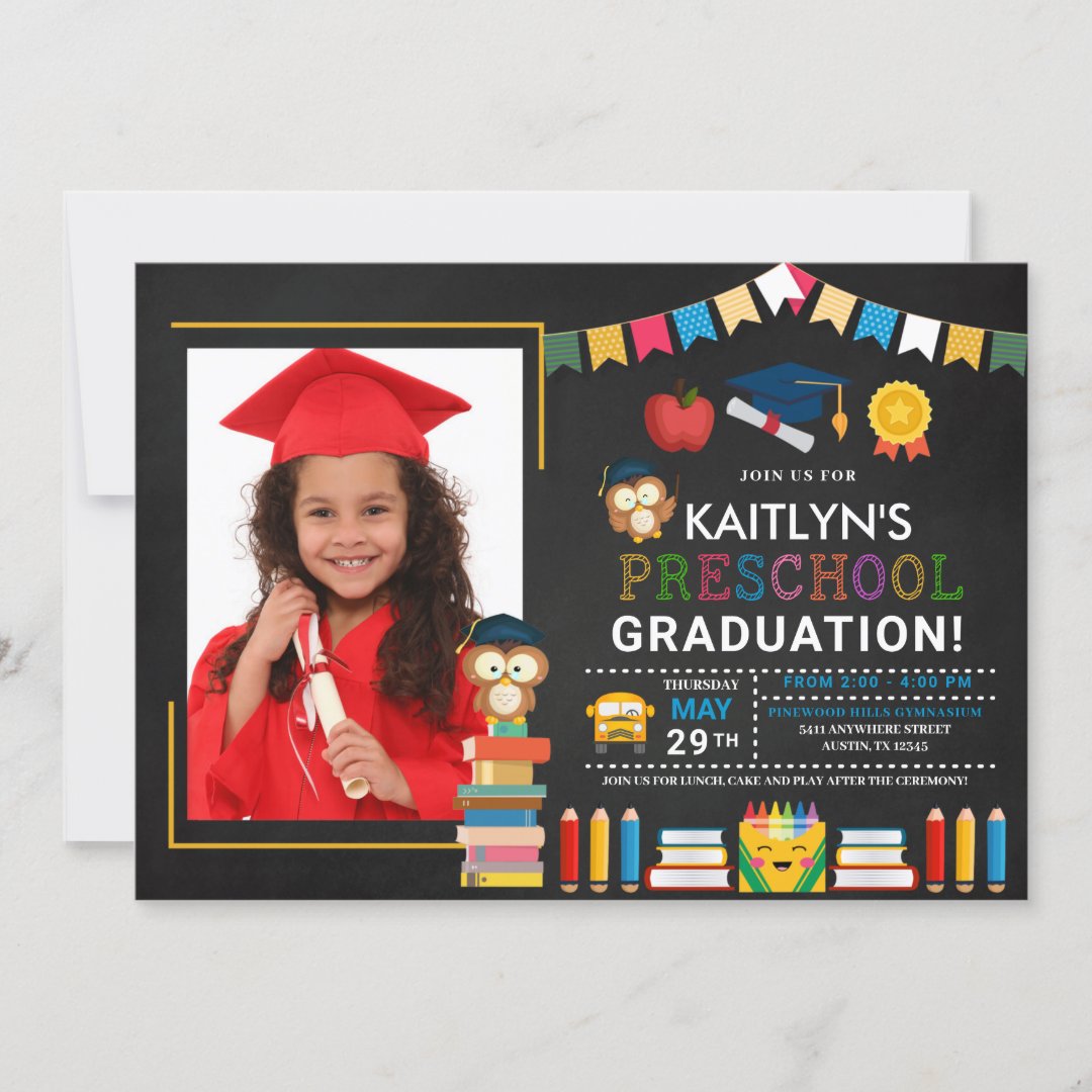 Preschool Photo Graduation Chalkboard Invitation | Zazzle