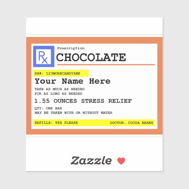 Prescription Chocolate Personalized Sticker | Zazzle