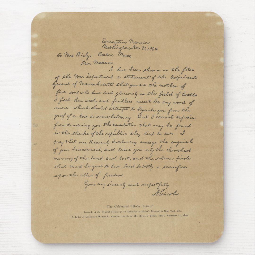 President Abraham Lincoln's Letter to Mrs. Bixby Mouse Pad | Zazzle
