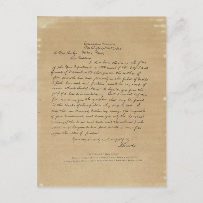 President Abraham Lincoln's Letter to Mrs. Bixby Postcard | Zazzle.com