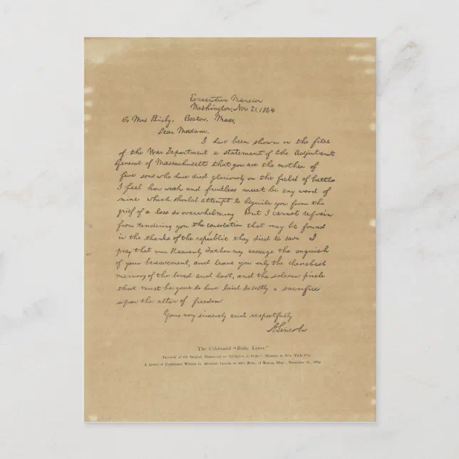 President Abraham Lincoln's Letter to Mrs. Bixby Postcard | Zazzle