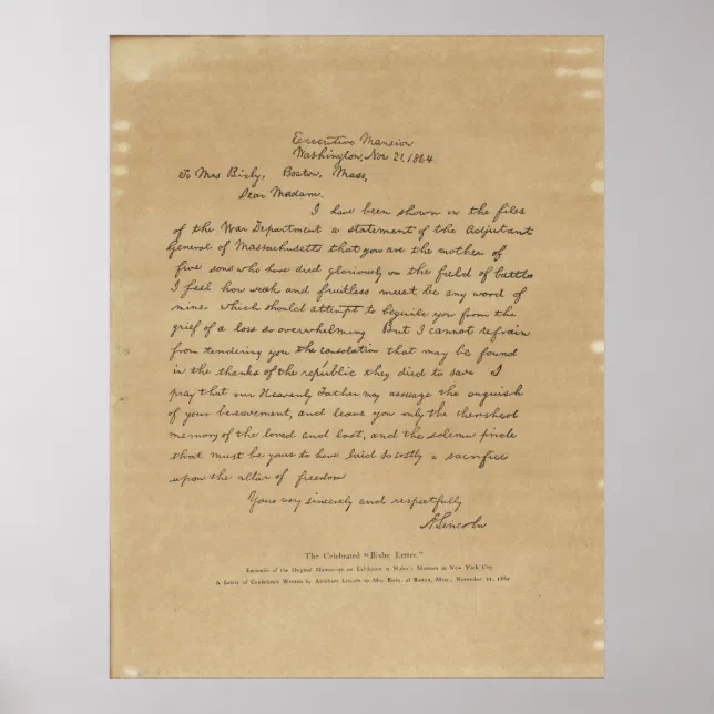 President Abraham Lincoln's Letter to Mrs. Bixby Poster | Zazzle