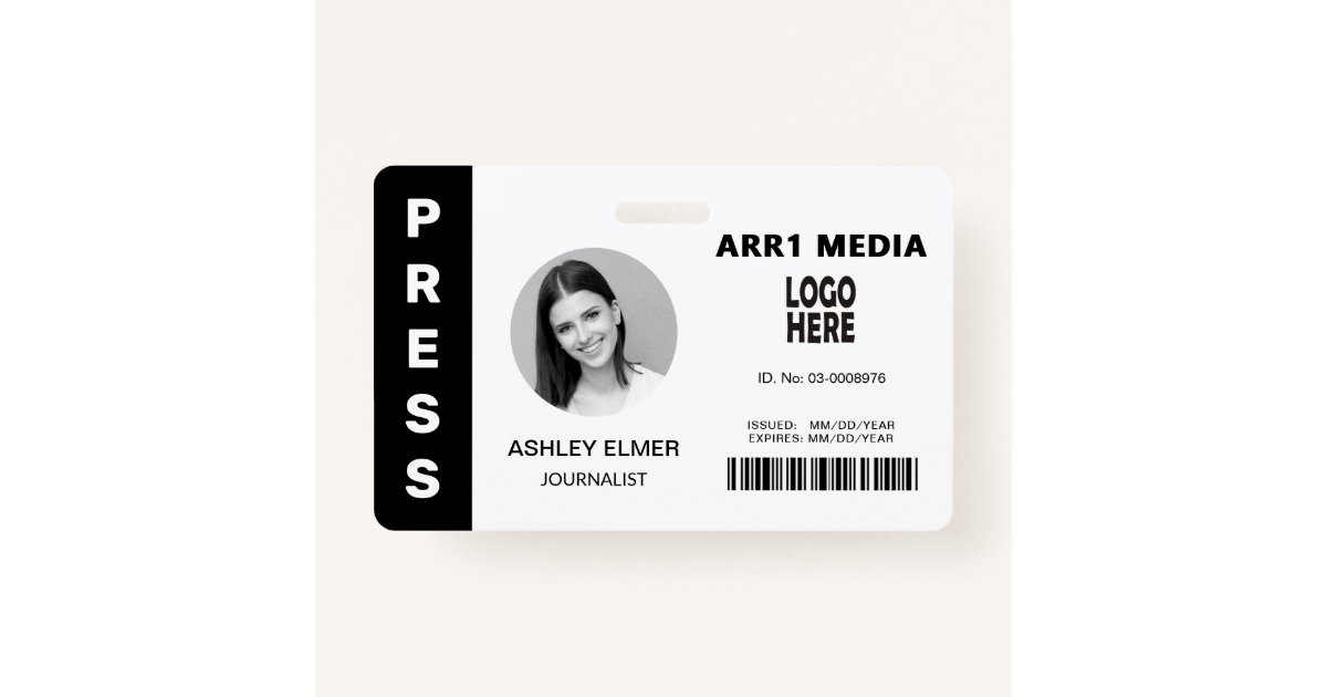 Press employee ID black photo template Badge | Zazzle
