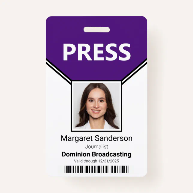 Press Pass Photo and Bar Code Purple ID Badge | Zazzle