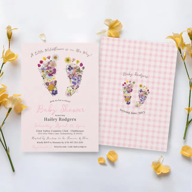 Pressed Wildflower Footprints Baby Girl Shower Invitation | Zazzle