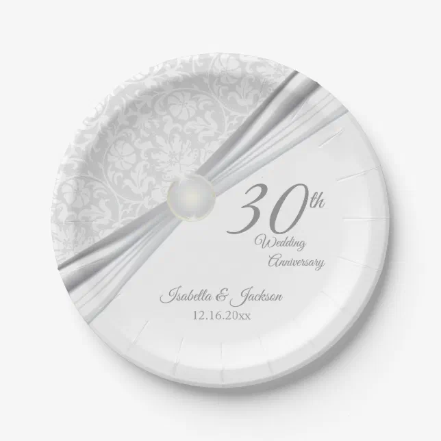 Pretty 30th Pearl Wedding Anniversary Design Paper Plates | Zazzle