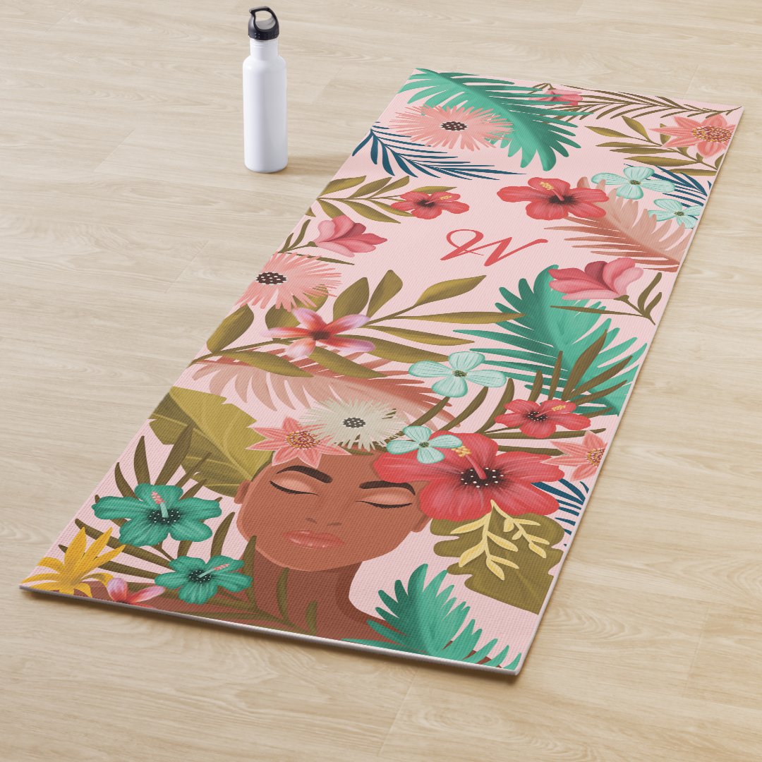 Pretty African American Botanical Jungle Monogram Yoga Mat | Zazzle