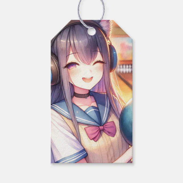 Pretty Anime Girl in Bowling Birthday Party Gift Tags | Zazzle