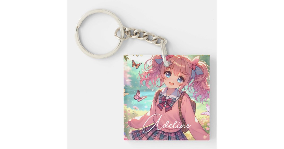 Pretty Anime Girl in Pink Pigtails Keychain | Zazzle