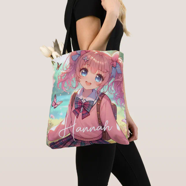 Pretty Anime Girl in Pink Pigtails Tote Bag | Zazzle