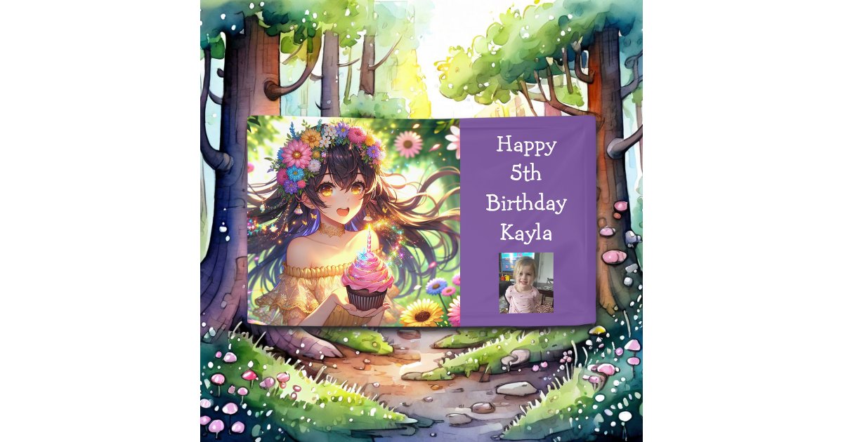 Pretty Anime Girl Photo, Age and Name Birthday Banner | Zazzle