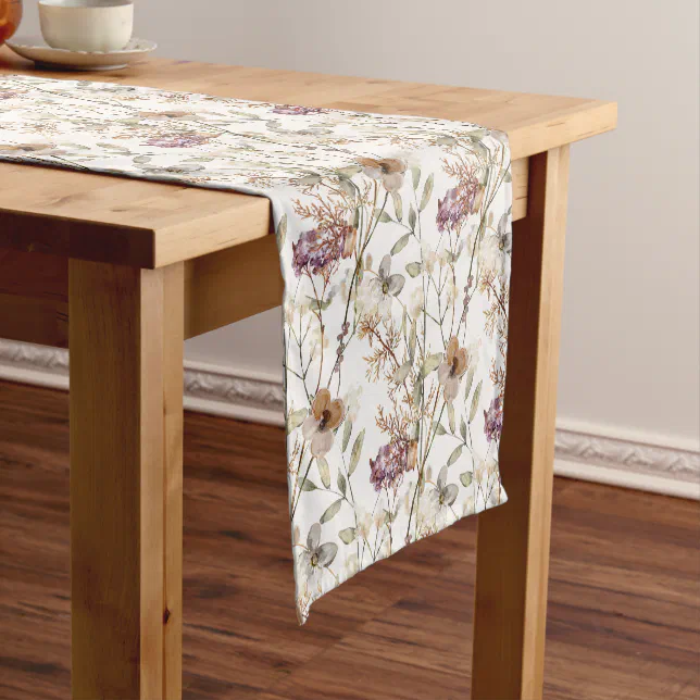 Pretty Autumn Plum Wildflowers Pattern Short Table Runner | Zazzle