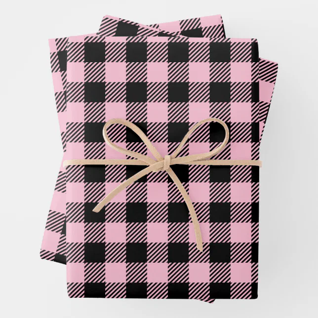 Pretty Baby Pink And Black Buffalo Plaid Wrapping Paper Sheets | Zazzle