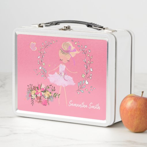 Pretty Ballerina and Flowers, Custom Name Metal Lunch Box | Zazzle