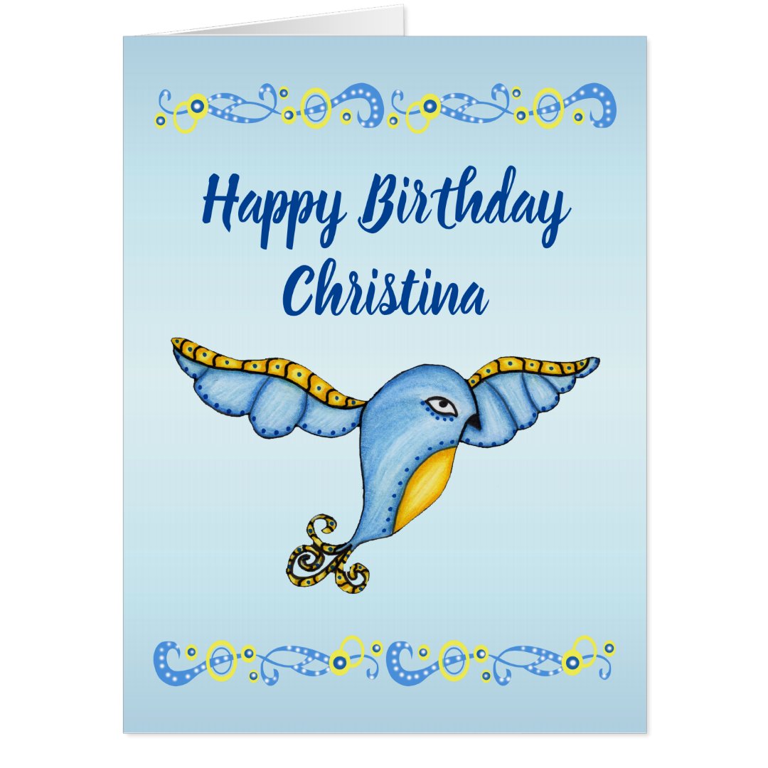 Pretty Birthday Fantasy Ornate Flying Bluebird Card | Zazzle