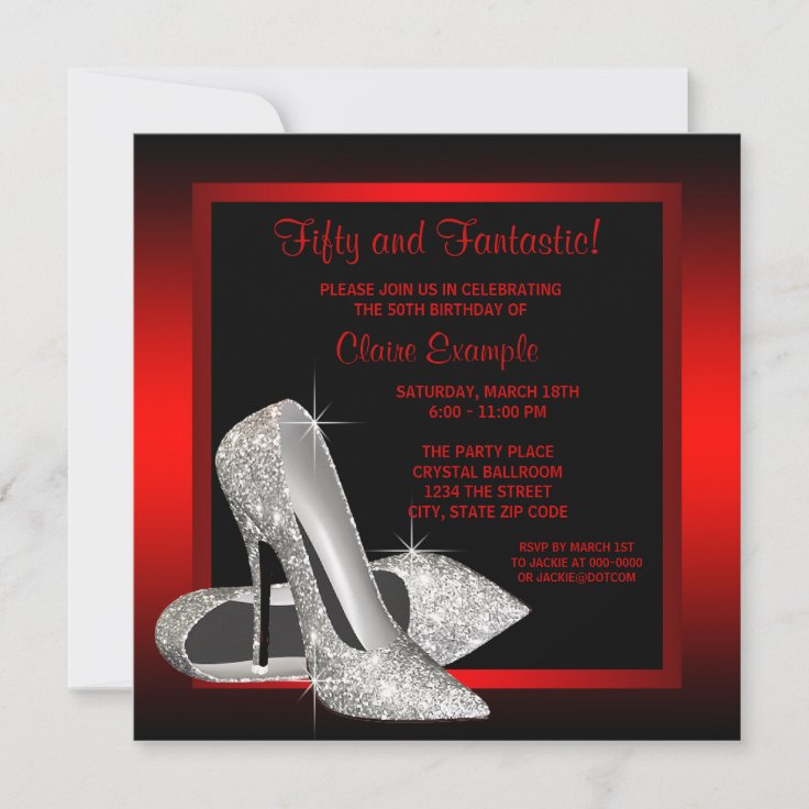 Pretty Black and Red Glitter High Heels Birthday Invitation | Zazzle