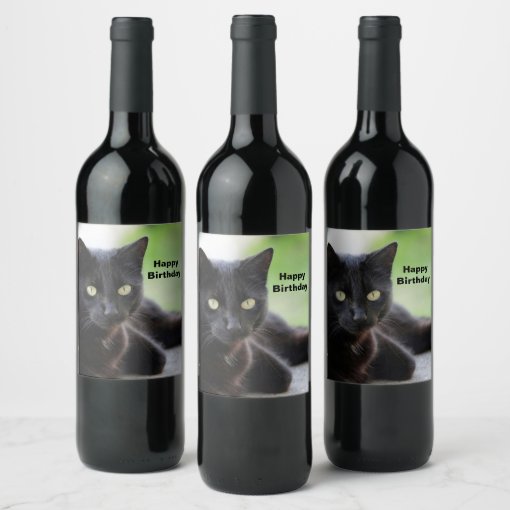 Pretty Black Cat Photo Birthday Wine Label | Zazzle