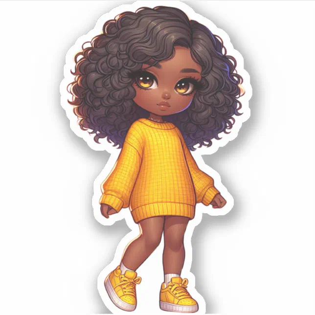 Pretty black chibi girl in yellow sticker | Zazzle