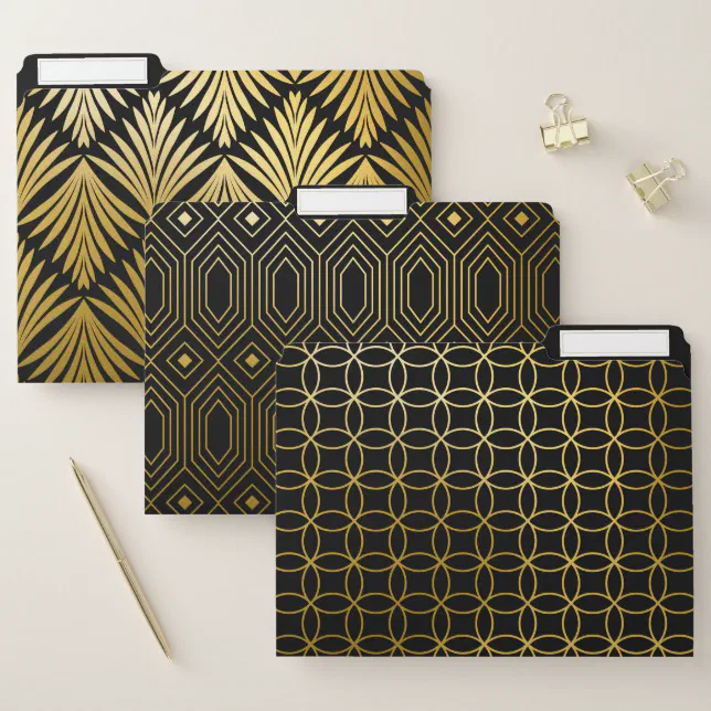 PRETTY BLACK & GOLD ART DECO PATTERNS FILE FOLDER | Zazzle