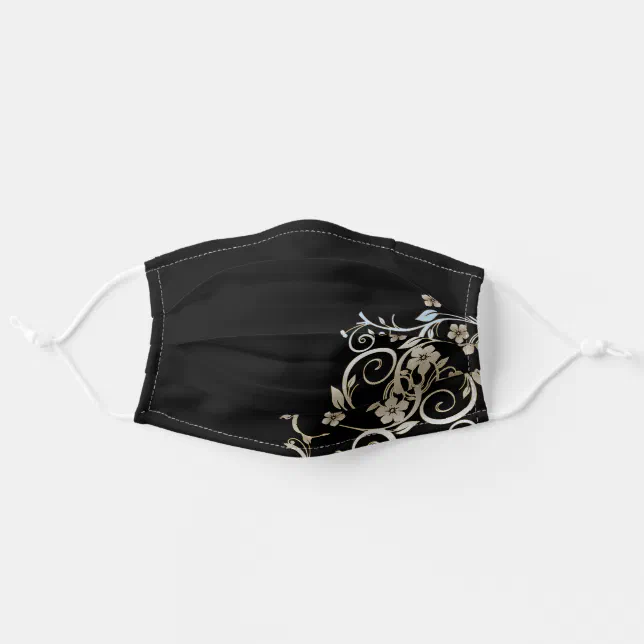 Pretty Black Gold Beige Floral Flower Swirl Adult Cloth Face Mask | Zazzle