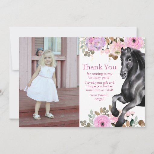 Pretty Black Horse and Pink Flowers Photo Birthday Thank You Card | Zazzle
