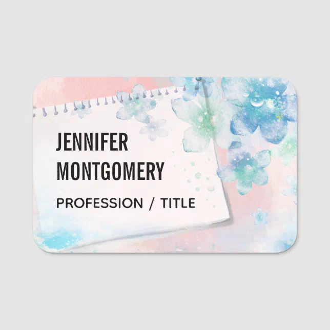Pretty Blue Flowers on Pink Background Name Tag | Zazzle