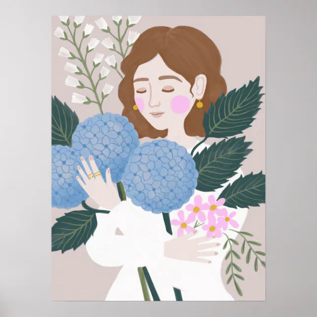 Pretty Blue Green Girly Floral Illustration Poster | Zazzle