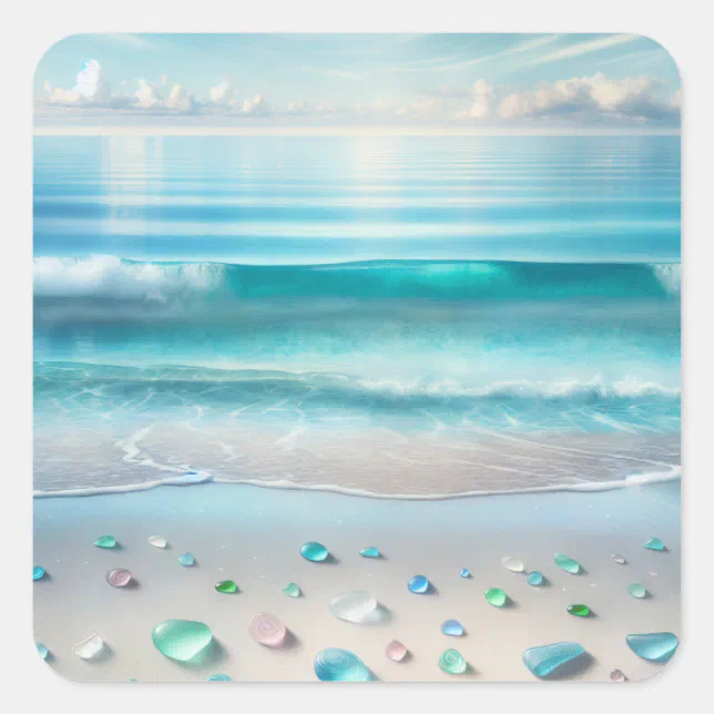 Pretty Blue Ocean Waves and Sea Glass Square Sticker | Zazzle
