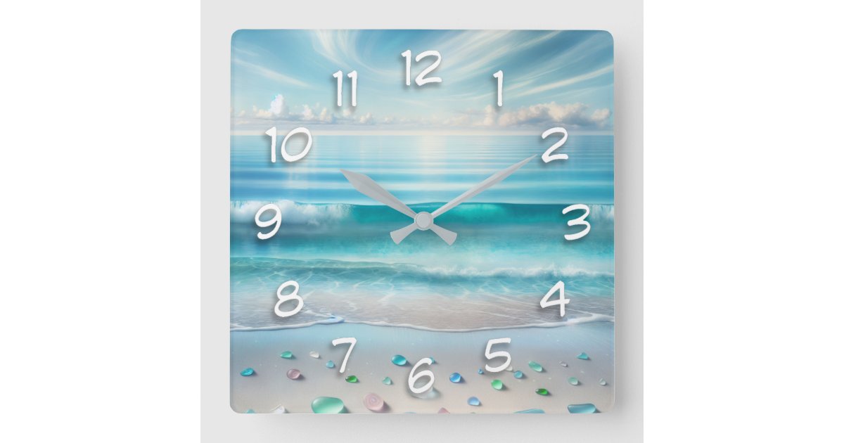 Pretty Blue Ocean Waves and Sea Glass Square Wall Clock | Zazzle
