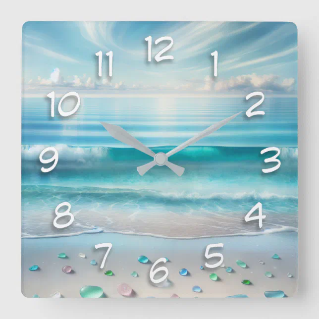 Pretty Blue Ocean Waves and Sea Glass Square Wall Clock | Zazzle