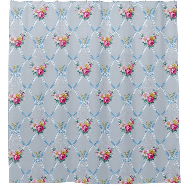 Pretty Blue Ribbons Rose Floral Vintage Wallpaper Shower Curtain | Zazzle