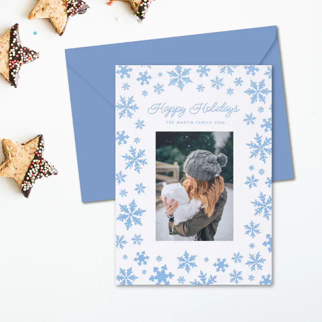 Pretty Blue Stamped Snowfall Holiday Letterpress Photo Cards | Zazzle