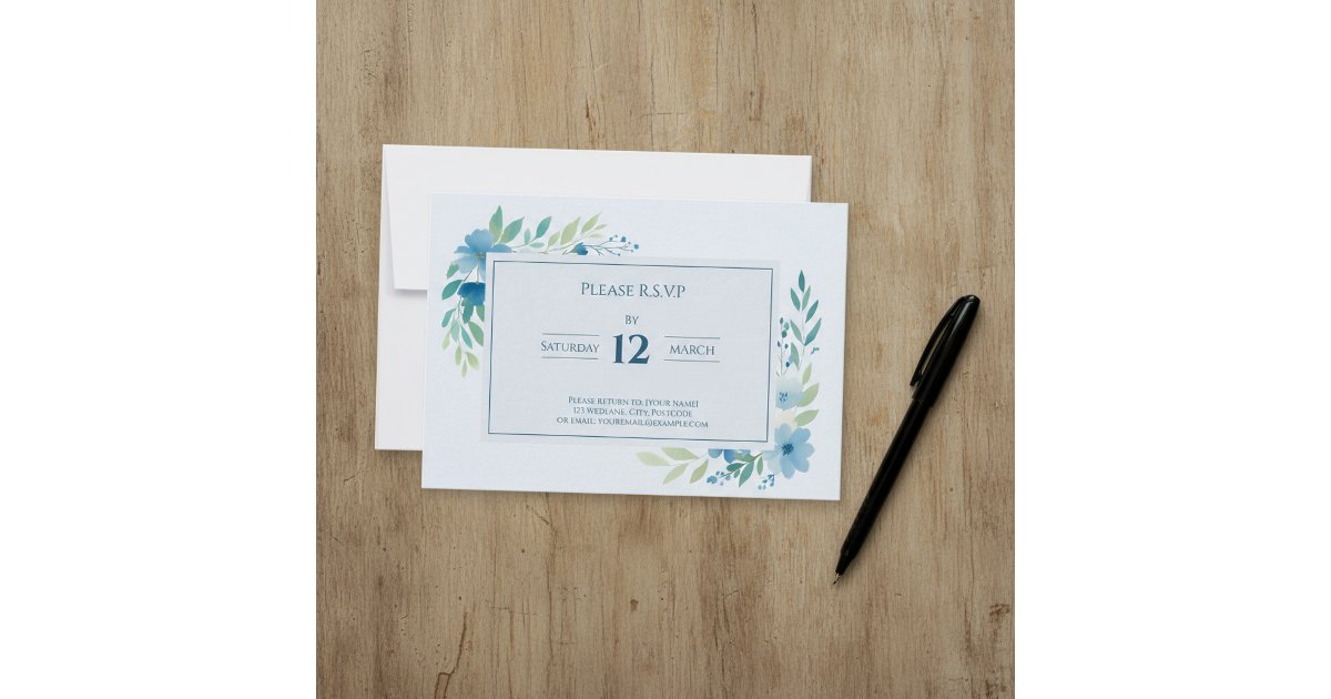 Pretty Blue Watercolor Floral RSVP Response Card | Zazzle