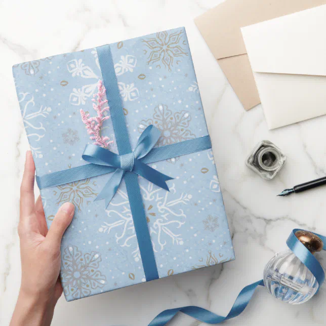 Pretty blue white Christmas snowflakes gift wrap | Zazzle