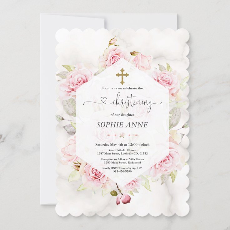 Pretty Blush Floral Girl Christening Calligraphy Invitation | Zazzle