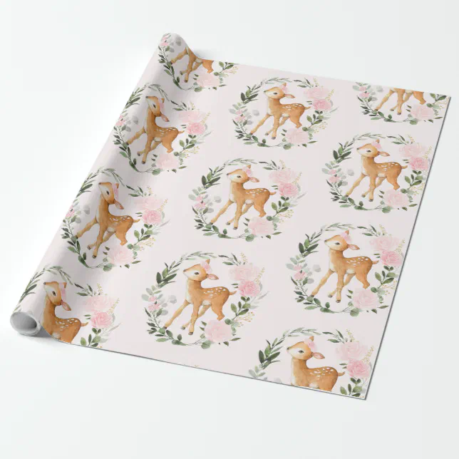 Pretty Blush Floral Woodland Deer Baby Fawn Wrapping Paper | Zazzle