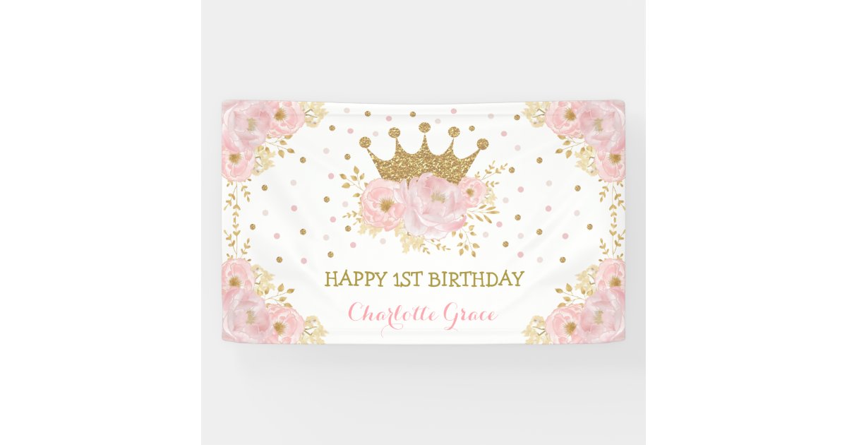 Pretty Blush Pink Floral Crown Princess Birthday Banner | Zazzle
