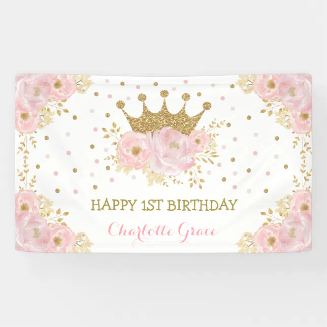 Pretty Blush Pink Floral Crown Princess Birthday Banner | Zazzle