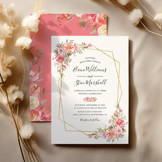 Pretty Blush Pink Floral Gold Frame Wedding Invitation | Zazzle