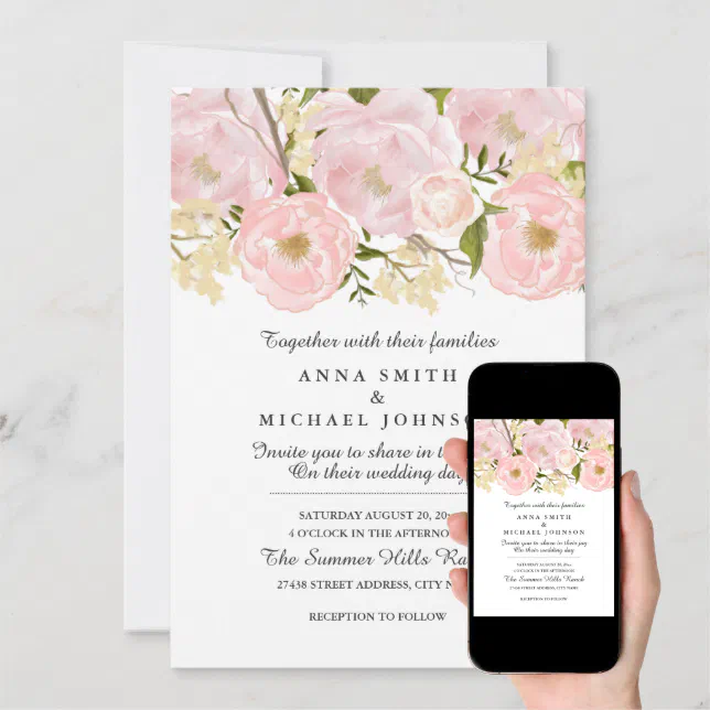 Pretty Blush Pink Floral Wedding Invitation | Zazzle