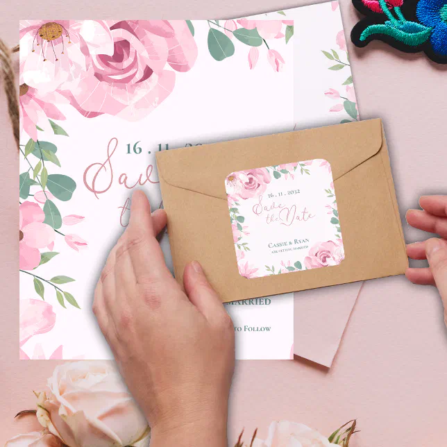 Pretty Blush Pink Floral Wedding Save the date Square Sticker | Zazzle